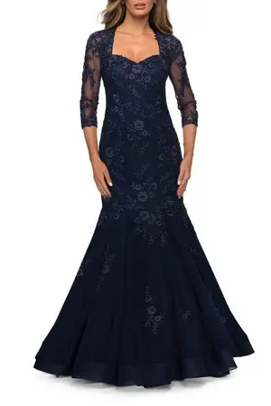 La Femme Lace Mermaid Gown - Navy