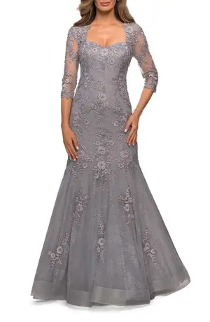 La Femme Lace Mermaid Gown - Silver