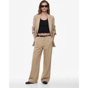 Koton Mid Rise Linen Blend Belted Wide Leg Trousers - Khaki