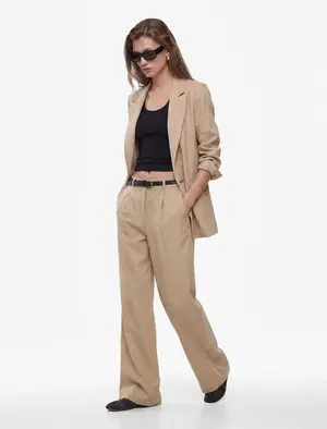 Koton Mid Rise Linen Blend Belted Wide Leg Trousers - Khaki