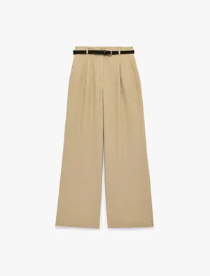 Koton Mid Rise Linen Blend Belted Wide Leg Trousers - Khaki