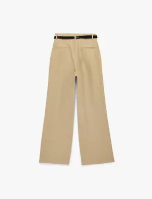 Koton Mid Rise Linen Blend Belted Wide Leg Trousers - Khaki