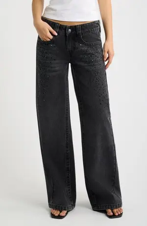 FADE OUT LOUD Studded Low Rise Wide Leg Jeans