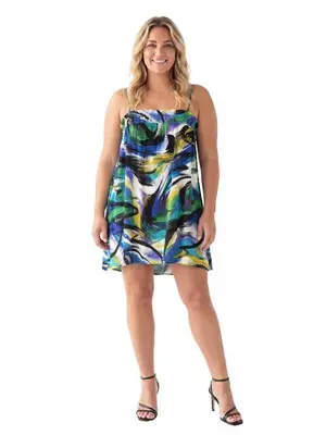 24SEVEN COMFORT APPAREL Abstract Print Spaghetti Strap Smocked A-line Pocket Mini Dress - Blue Multi