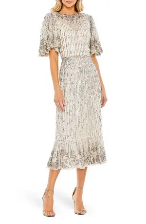Mac Duggal Embellished Flounce Sleeve Midi Dress - Nude Silver