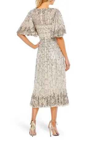 Mac Duggal Embellished Flounce Sleeve Midi Dress - Nude Silver