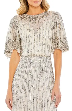 Mac Duggal Embellished Flounce Sleeve Midi Dress - Nude Silver
