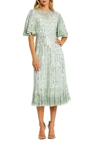 Mac Duggal Embellished Flounce Sleeve Midi Dress - Sage