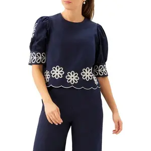 Karen Kane Embroidered Scallop Puff Sleeve Cotton Top - Navy