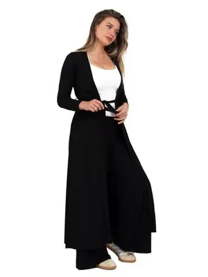24SEVEN COMFORT APPAREL Basic Long Sleeve Tie Waist Soft Jacket And Elastic Waist Wide Leg Pant Set - Black