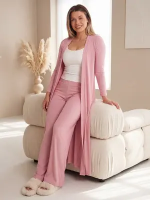 24SEVEN COMFORT APPAREL Basic Long Sleeve Tie Waist Soft Jacket And Elastic Waist Wide Leg Pant Set - Black