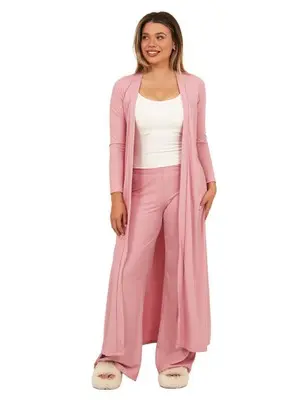 24SEVEN COMFORT APPAREL Basic Long Sleeve Tie Waist Soft Jacket And Elastic Waist Wide Leg Pant Set - Blush