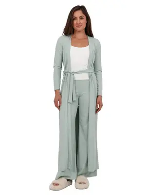 24SEVEN COMFORT APPAREL Basic Long Sleeve Tie Waist Soft Jacket And Elastic Waist Wide Leg Pant Set - Mint