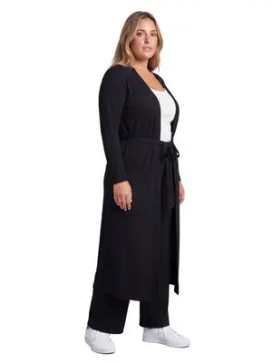 24SEVEN COMFORT APPAREL Ribbed Knit Long Sleeve Jacket And Wide Leg Pant Set - Black