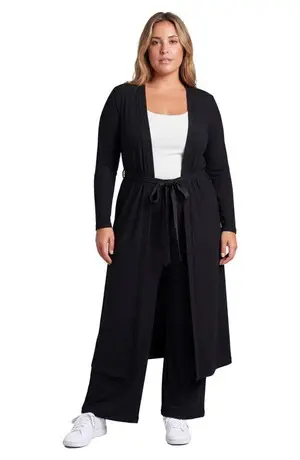 24SEVEN COMFORT APPAREL Ribbed Knit Long Sleeve Jacket And Wide Leg Pant Set - Black