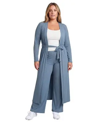 24SEVEN COMFORT APPAREL Ribbed Knit Long Sleeve Jacket And Wide Leg Pant Set - Blue