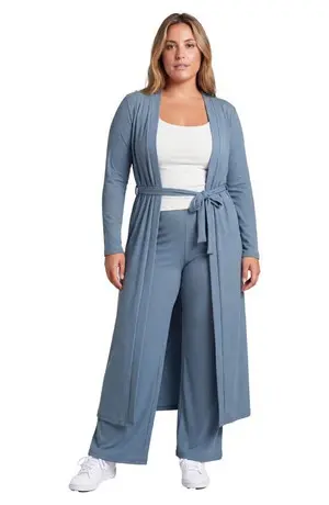 24SEVEN COMFORT APPAREL Ribbed Knit Long Sleeve Jacket And Wide Leg Pant Set - Blue