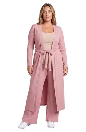 24SEVEN COMFORT APPAREL Ribbed Knit Long Sleeve Jacket And Wide Leg Pant Set - Blush