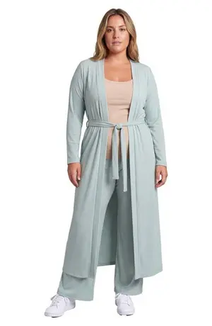24SEVEN COMFORT APPAREL Ribbed Knit Long Sleeve Jacket And Wide Leg Pant Set - Mint