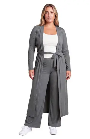 24SEVEN COMFORT APPAREL Ribbed Knit Long Sleeve Jacket And Wide Leg Pant Set - Smoke