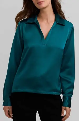 Foxcroft Foxcroft Talia Long Sleeve Satin Polo Emerald Green
