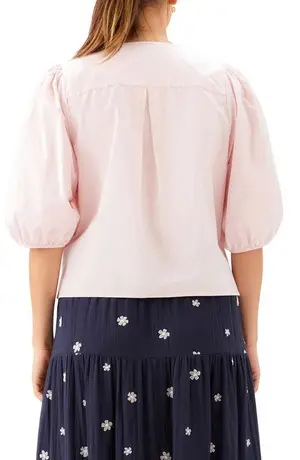 Karen Kane Puff Sleeve Faux Pearl Button Cotton Shirt