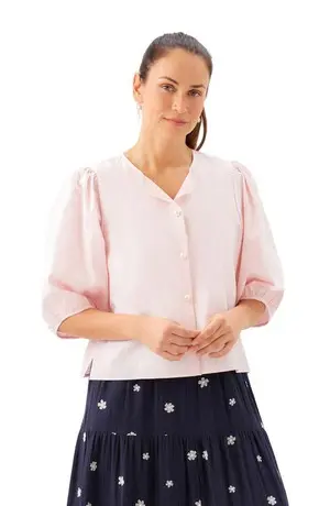 Karen Kane Puff Sleeve Faux Pearl Button Cotton Shirt