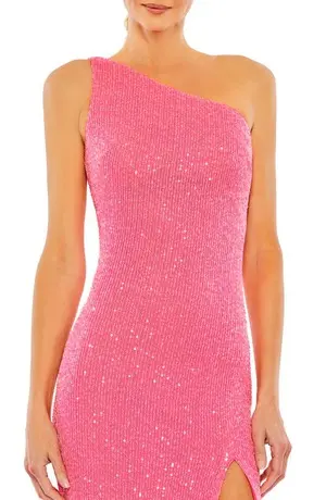 Mac Duggal Sequined One-shoulder Gown With Draped Back - Pink