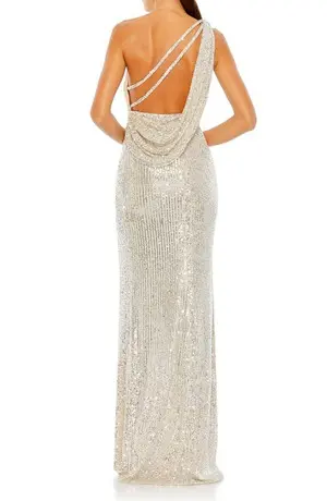 Mac Duggal Sequined One-shoulder Gown With Draped Back - Silver