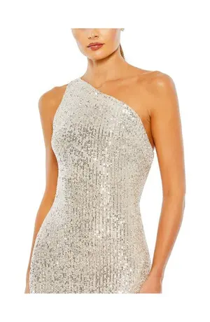 Mac Duggal Sequined One-shoulder Gown With Draped Back - Silver