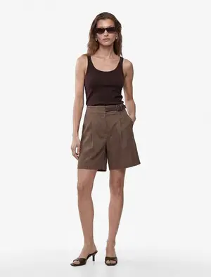 Koton Pleated Linen Bermuda Shorts With Half Belted