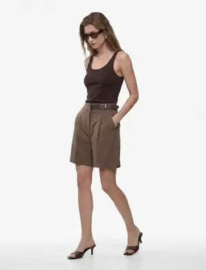 Koton Pleated Linen Bermuda Shorts With Half Belted
