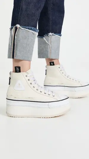 R13 Platform High Top Sneakers With Zipper Detail - Ecru
