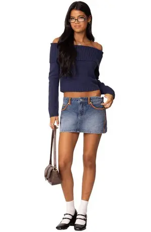 EDIKTED Vera Suede Trim Denim Miniskirt