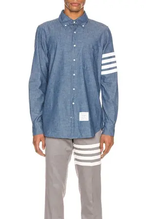 Thom Browne Straight Fit Button Down Long Sleeve Shirt In Denim-medium - Blue