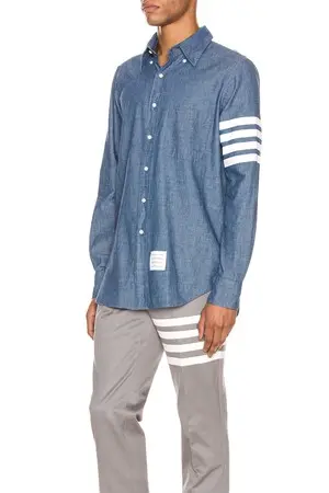 Thom Browne Straight Fit Button Down Long Sleeve Shirt In Denim-medium - Blue