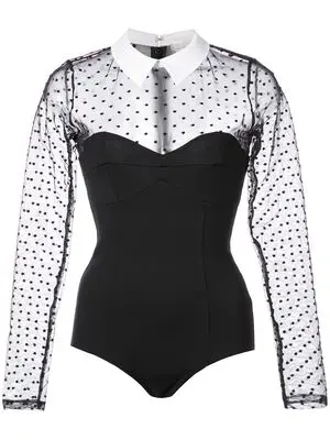FLEUR DU MAL Dotted Tulle Collared Bodysuit - Black