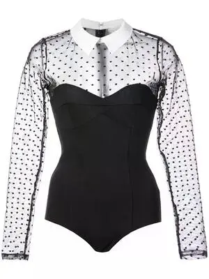 FLEUR DU MAL Dotted Tulle Collared Bodysuit - Black