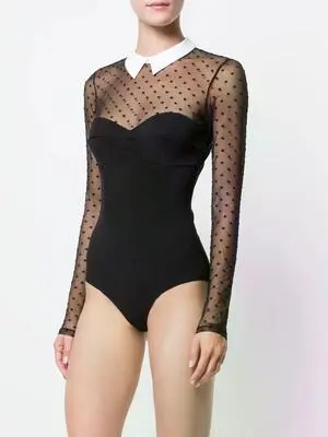 FLEUR DU MAL Dotted Tulle Collared Bodysuit - Black