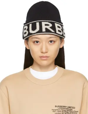 Burberry Cashmere Intarsia Logo Beanie - Black | Editorialist