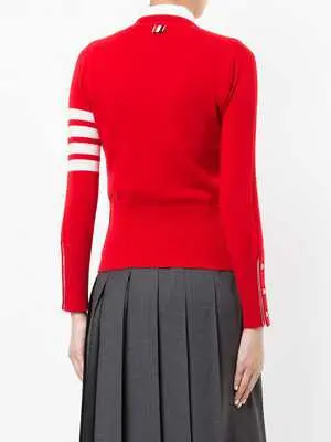 Thom Browne Classic V-neck Cardigan In White 4-bar Stripe In Cashmere - Red