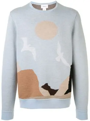 PORTS V Long Sleeve Landscape Knitted Jumper - Blue
