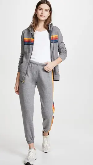 Aviator Nation Striped Zip-up Hoodie - Heather Grey