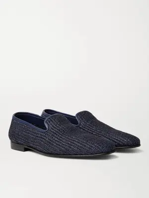 Manolo Blahnik Mario Leather-trimmed Raffia Loafers - Blue
