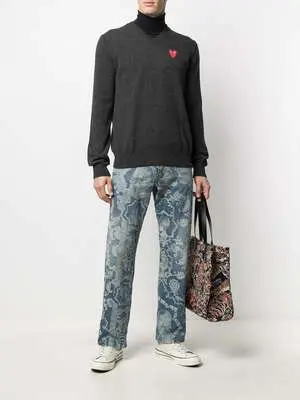 Play Comme Des Garcon Embroidered Double Heart Patch Jumper - Grey