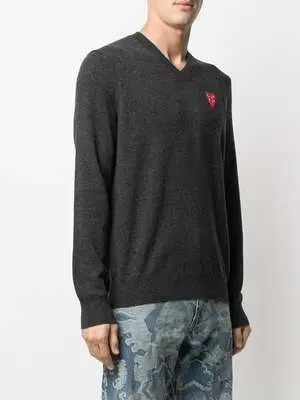 Play Comme Des Garcon Embroidered Double Heart Patch Jumper - Grey
