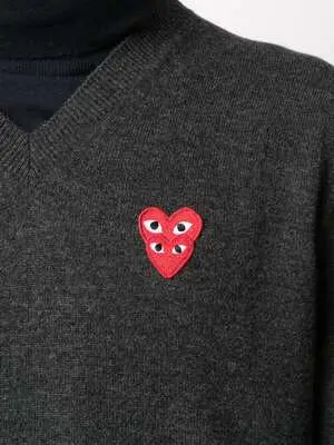 Play Comme Des Garcon Embroidered Double Heart Patch Jumper - Grey