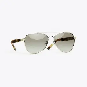 Tory Burch Tory Burch T-Logo Pilot Sunglasses Blue Pearl Tortoise/silver