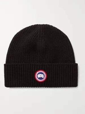 Canada Goose Logo Ribbed Merino Wool Beanie - Black