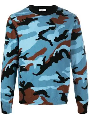 Valentino Garavani Intarsia Knit Camouflage Cashmere Jumper - Blue